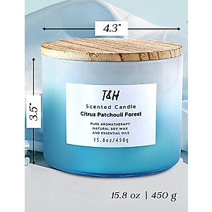 Large Citrus Patchouli Eucalyptus & Cedar Forest 3-Wick Candle - Highly Scented Natural Soy Candle for Home & Office 15.8 oz - Aromatherapy Stress Relief Candle, Refreshing Gift Candle for Women & Men