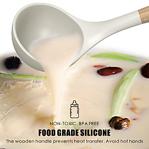 14 Pcs Silicone Cooking Utensils Kitchen Utensil Set - 446°F Heat Resistant,Turner Tongs, Spatula, Spoon, Brush, Whisk, Wooden Handle Kitchen Gadgets with Holder for Nonstick Cookware (BPA Free Khaki)