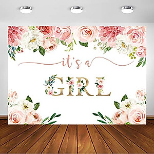 Aperturee It's a Girl Baby Shower Backdrop Watercolor Pink Floral Photography Background 7x5ft Flower Baby Girl Party Decorations Photo Booth Photoshoot Props Banner Supplies