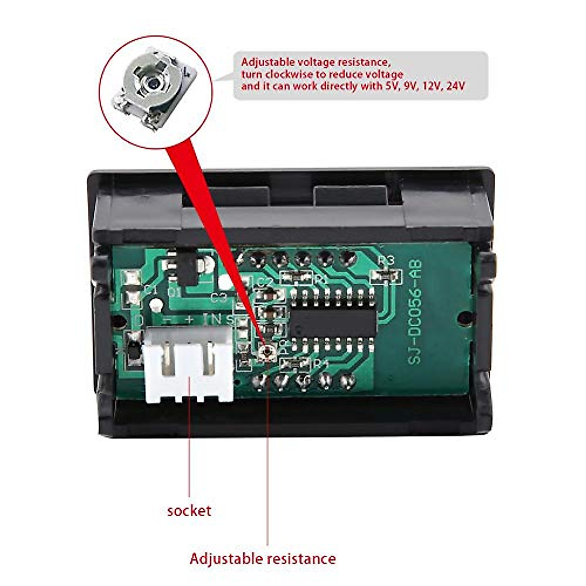 Digital Voltmeter, 3 Wire LED Panel Digital Display Voltage Meter with Reverse Protection DC 0-100V Red Blue Green Yellow(Red)
