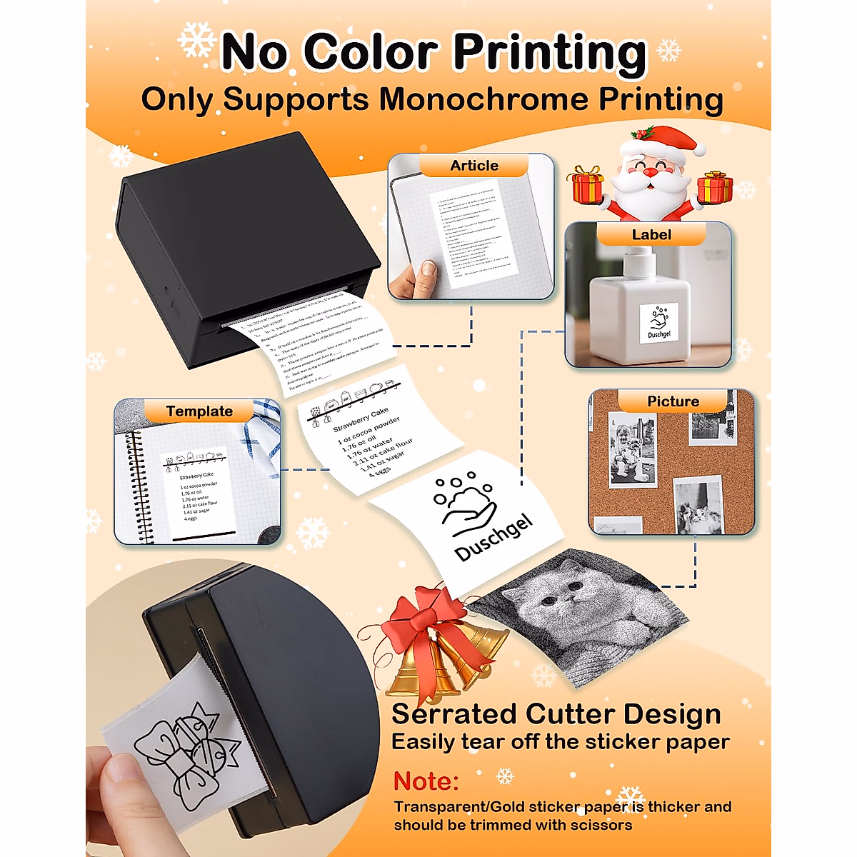 Memoking Sticker Printer, M02 Mini Printer Portable Bluetooth Mini Printer Sticker Maker with 3 Rolls Paper, Print Pods Mini Printer Pocket Printer with Multiple Templates for Phone & Tablet, Black