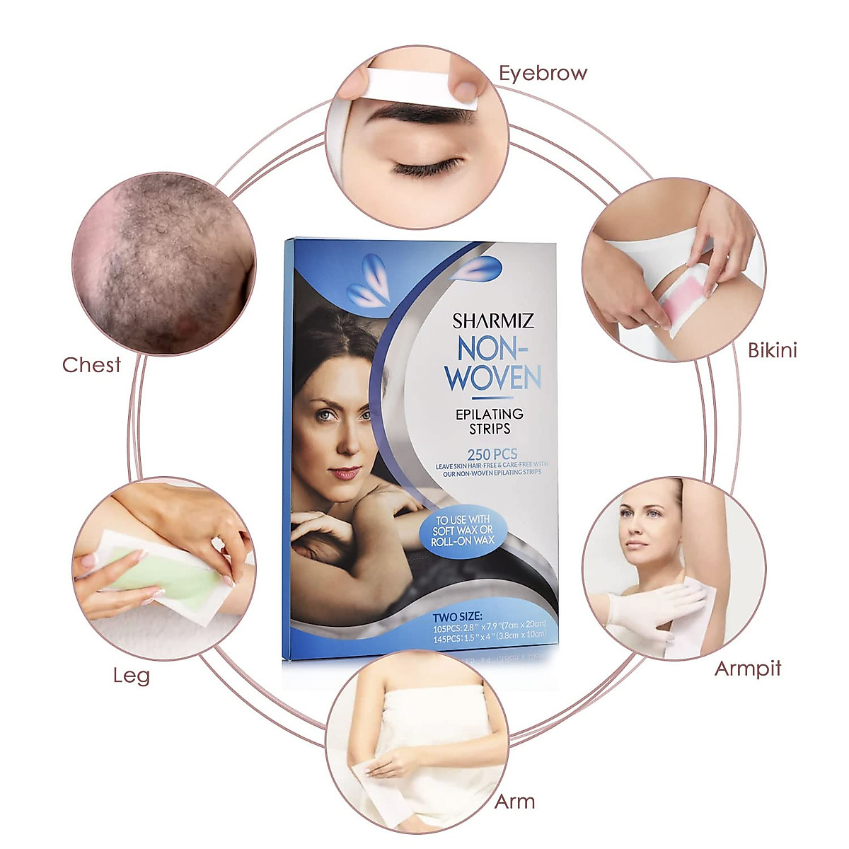 Non Woven Wax Strips 250 Pieces, Body and Facial Wax Strips for Hair Removal (Does Not Contain Wax) , Large 2.8“ x 7.9“ and Small 1.5” x 3.9“ Waxing Strips