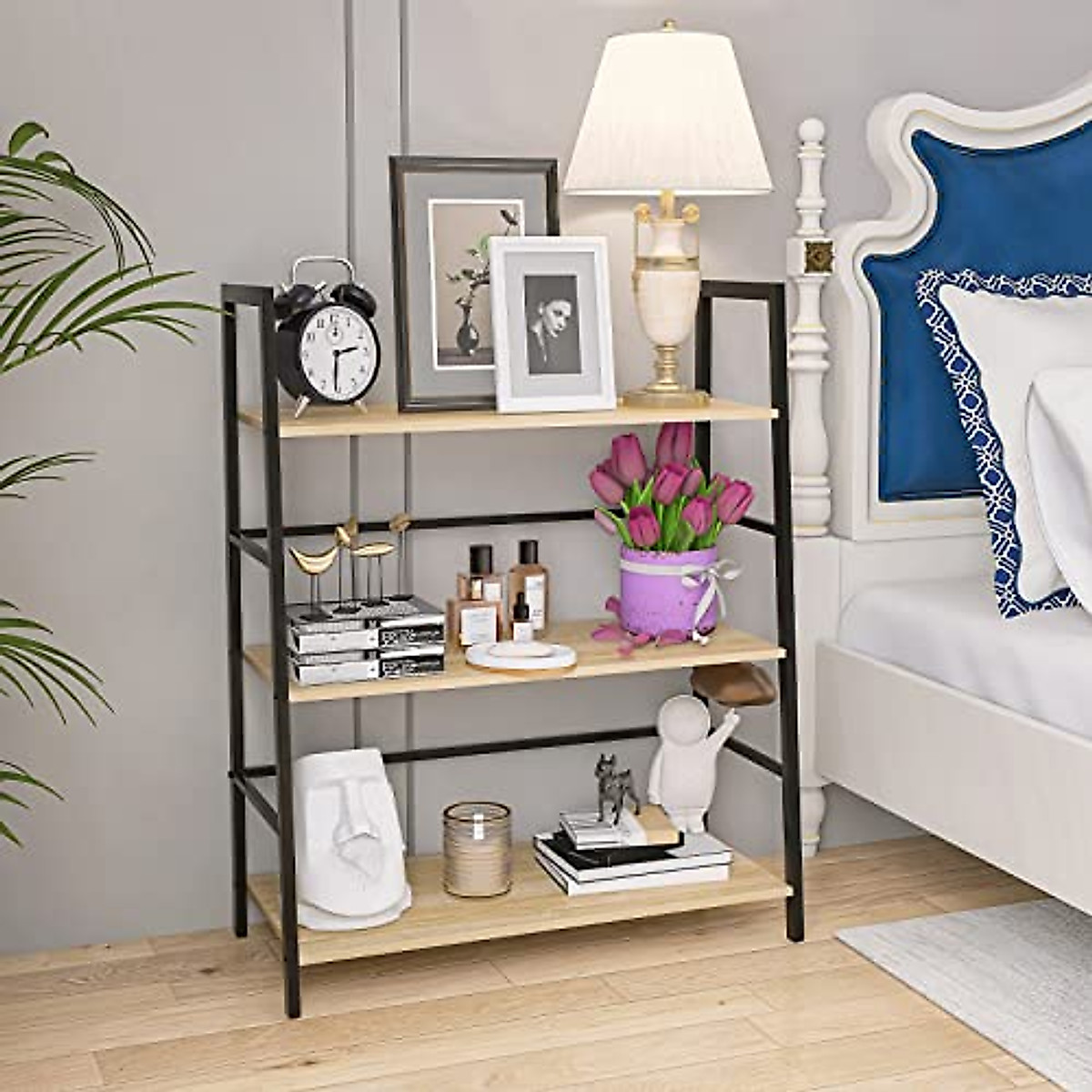 SpringSun 4 Tier Bookshelf Industrial Ladder Shelf Open Display Storage Rack Wood Bookcase with Metal Frame, Freestanding Storage Shelves for Home Office, Living Room, Bedroom, Kitchen
