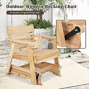 Giantex Outdoor Glider Rocking Chair - Wood Porch Rocker with High Back, Widened Armrests, Curved Seat, Rotatable Cup Holder, Patio Slat Rocking Chair for Backyard, Balcony, Poolside, Natural