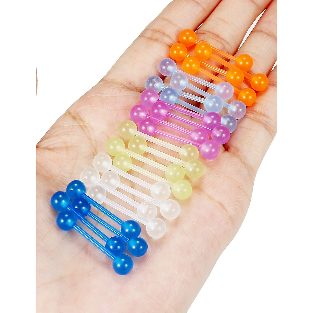 Oufksiyy 14G 16mm Glow in Dark Flexible Acrylic Straight Tongue Rings Plastic Nipple Ring Retainer Body Piercing Jewelry for Women Men 24PCS(12Pairs 14 gauge Piercings