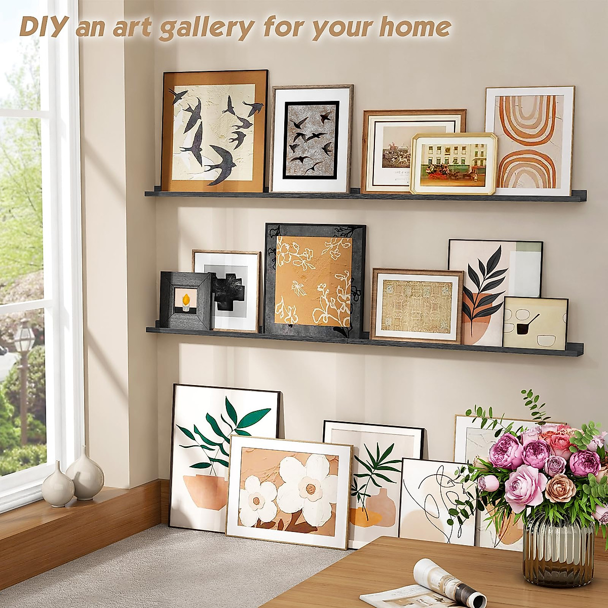 Forbena Picture Ledge Shelf 48 Inch Long Set of 4, Black Floating Shelves with Lip for Living Room Wall, Narrow Wall Mounted Display Shelves for Bedroom Photo Frame, Collectibles, Figures, Lego