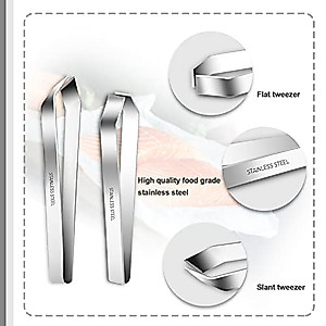 2 Pieces Fish Bone Tweezers, FULUWT Flat and Slanted Stainless Steel Kitchen Tweezers/Pliers for Fish Bone, Kitchen Hair Removal Tool.