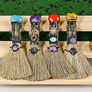 JHIALG Witch Broom Crystal Witch Wiccan Altar Broom, Halloween Hanging Props Cosplay Broomstick, Handmade Reiki Broomstick for Cleansing Healing Fengshui