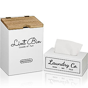 Magnetic Lint Bin and Dryer Sheet Holder Set for Laundry Room, Farmhouse Wooden Lint Trash Can with Lid and Dryer Sheet Dispenser Box Magnetic for Mounting on Dryer,Stylish Laundry Room Organization