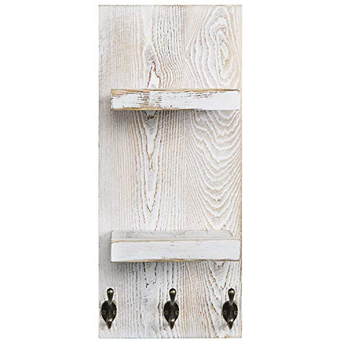 MyGift Wall Mounted White Washed Solid Wood Bathroom Shelf Rack with 2 Tier Shelves and 3 Dual Hooks, Wall Hanging Storage Display for Bath Supplies and Decor