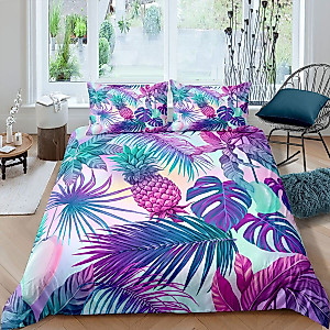 Feelyou Cartoon Pineapple Comforter Cover Palm Leaves Bedding Set for Kids Boys Girls Tropical Botanical Duvet Cover Watercolor Purple Blue Decor Bedspread Cover Bedroom Collection 3Pcs Queen Size