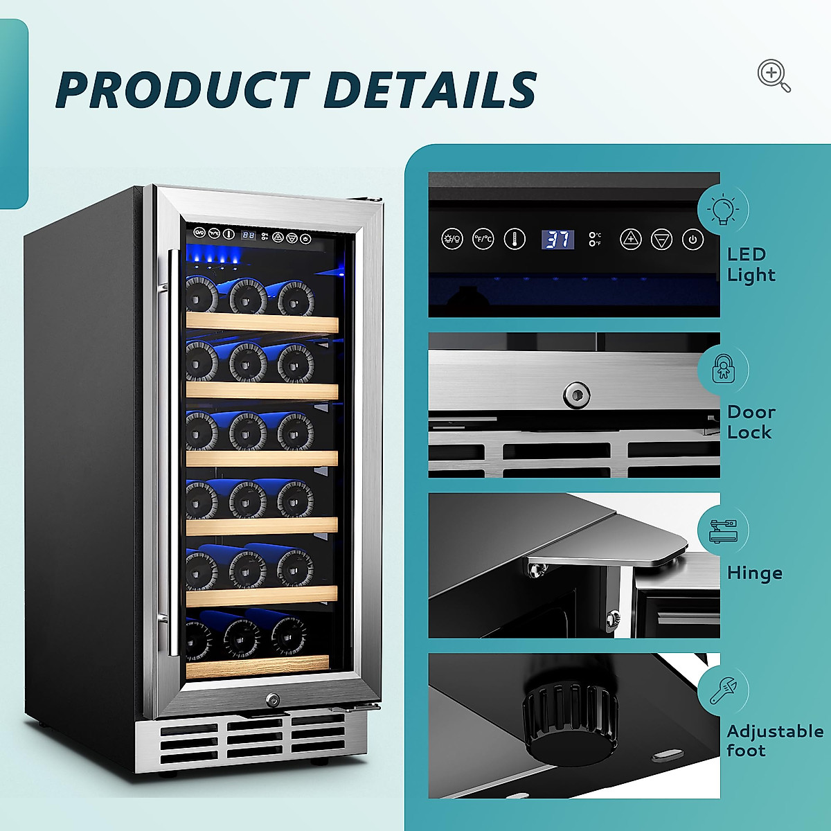 EUHOMY 15 Inch Under-counter Refrigerators, Single Zone Wine Fridge, Wine Refrigerator Digital Temperature Control, Freestanding Wine Chiller with Removable Shelves