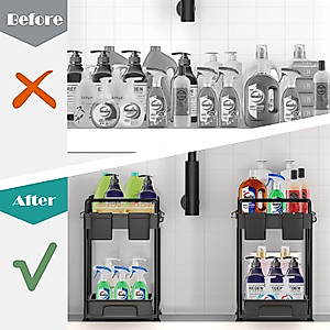 2Pack Under Sink Organizers and Storage,2Tier Pull Out Bathroom Cabinet Organizer with Sliding Drawers,Black Sliding Organization and Storage for Bathroom,Kitchen,Countertop,Black, free size