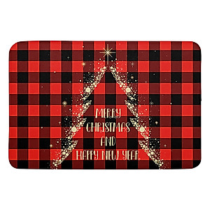 Christmas Tree Red Black Plaid Bath Rugs Sponge Doormat Non Slip Backing Durable Soft Flannel Mat Memory Foam Mats Carpet for Bathroom Kitchen 32x20In