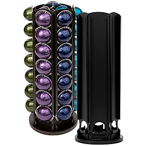 Velten Coffee Pod Carousel Holder Compatible with Nespresso Vertuo Capsules, Black Large Capacity 30 Pods Storage with 360° Rotation, Central Organizer for Sugar, Cream, or Accessories