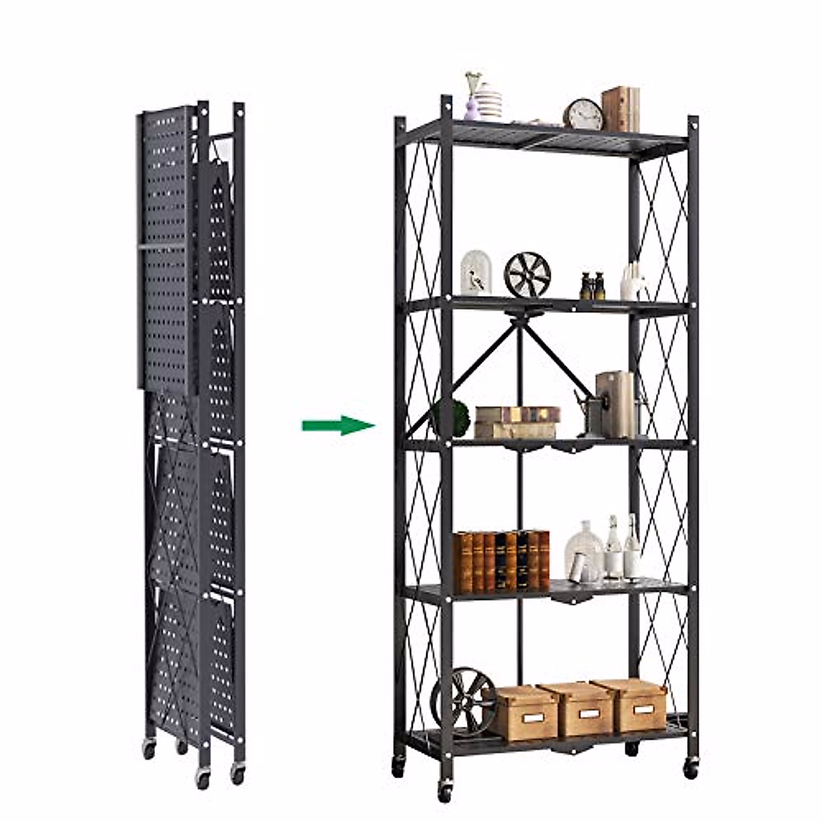 SogesGame Folding Shelving Metal Storage Rack,5-Tier Standing Adjustable Wire Shelving Shelf Unit Shelvesfor Laundry Bathroom Kitchen Pantry Closet (Black)