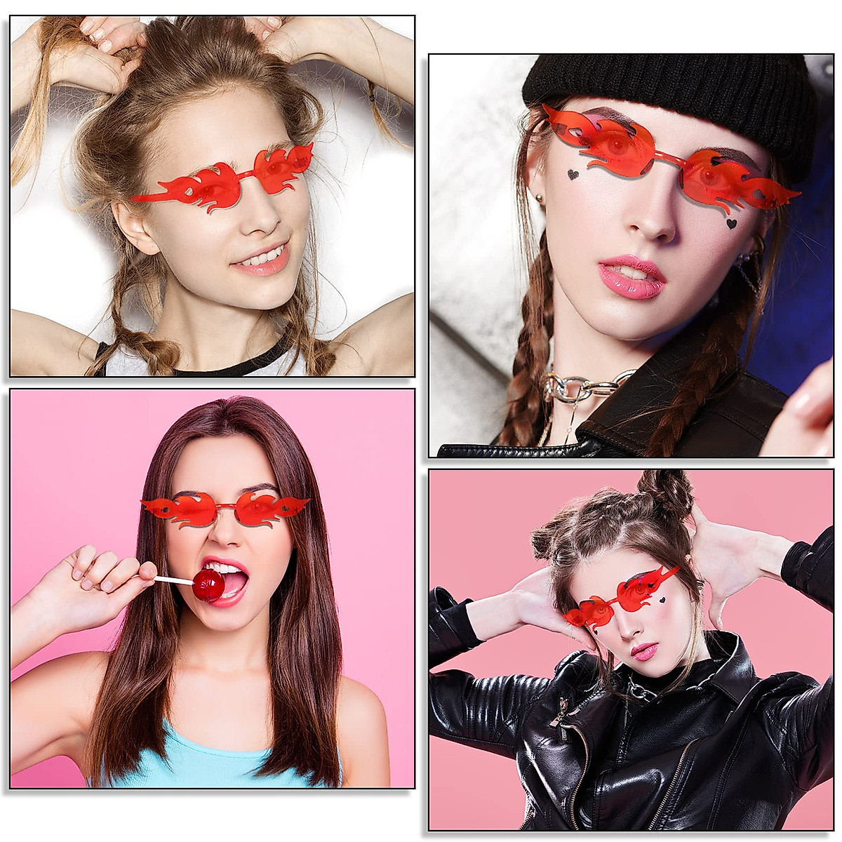 EBOOT 48 Pairs Fire Flame Sunglasses Novelty Flame Sunglasses Rimless Sunglasses for Women Men Halloween Party (Red)