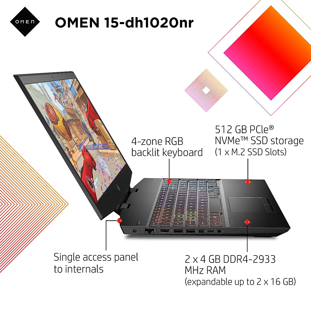OMEN 15 Gaming Laptop, NVIDIA GeForce GTX 1660 Ti, Intel Core i7-10750H, 8 GB DDR4 RAM, 512 GB PCIe NVMe SSD, 15.6" Full HD, Windows 10 Home, RGB Keyboard (15-dh1020nr, 2020 Model)