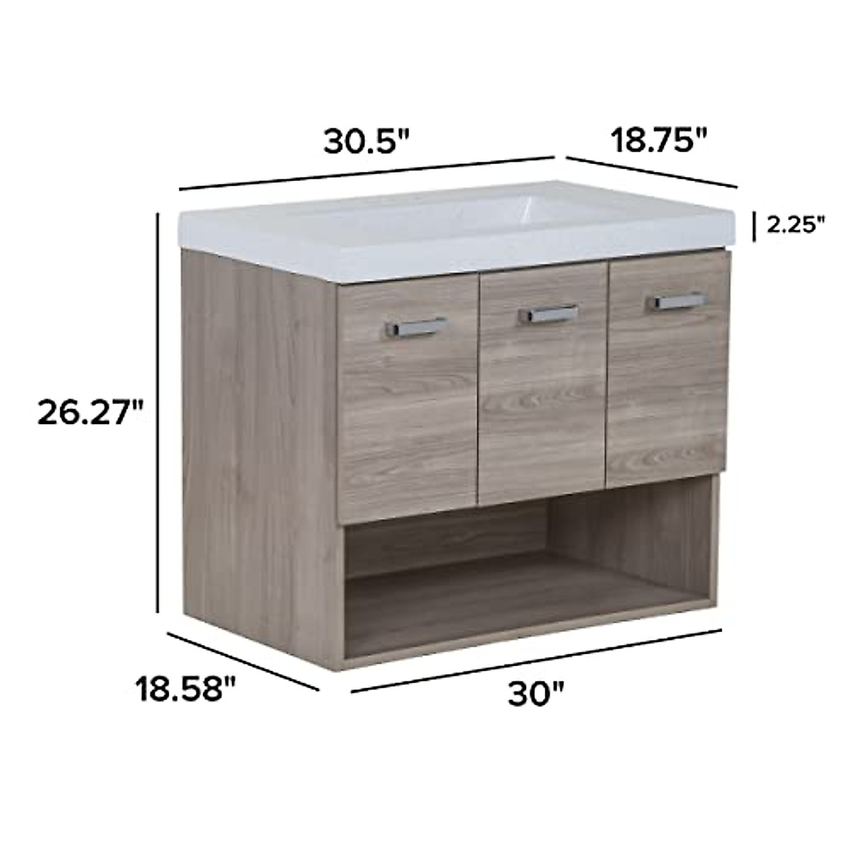 Spring Mill Cabinets Inna Floating Bathroom Vanity with 2-Door Cabinet, Drawer, Open Shelf, and White Sink Top, 30.5" W x 18.75" D x 26.27" H, Forest Elm