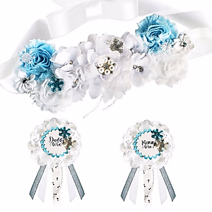 Hombae Frozen Maternity Sash Belt for Baby Shower Blue Snow Flake Mommy To Be & Daddy To Be Badge Corsage Pin Set for Frozen Party Decorations Supplies