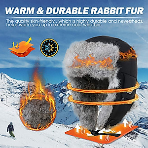 Comhats Winter Earflap Men Trooper Trapper Black Hat 100% Rabbit Fur Lined Russian Ushanka Medium/Large