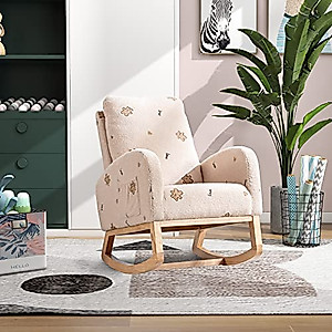 Merax Nursery Accent Rocker Armchair with Side Pocket, Upholstered High Back Wooden Rocking Chair for Living Room Baby Kids Room Bedroom (Beige Boucle)
