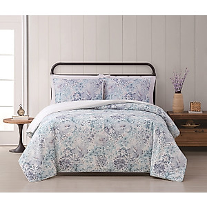Cottage Classics - King Charlotte Floral 3-Piece Farmhouse Style Comforter and Sham Set - Modern Floral Print - Blue