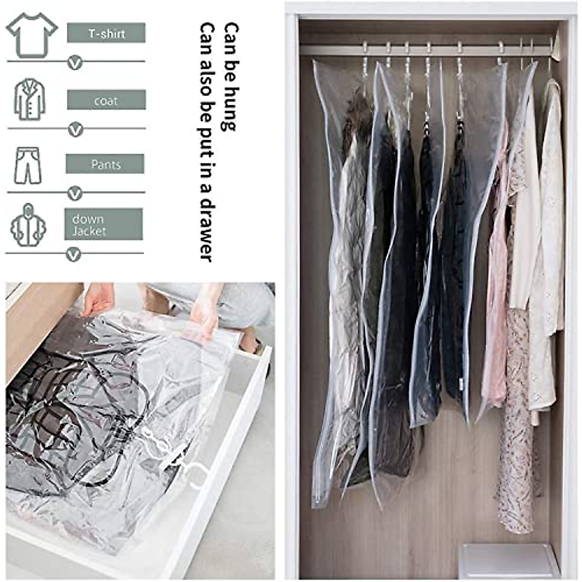 TANGERINR Hanging Vacuum Storage Bags for Jackets, Hanging Compressible Storage Bag with Pump, Outer Jacket Vacuum Bag (6PCS,M+L)