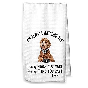 The Creating Studio Custom Goldendoodle Always Watching You Waffle Weave Kitchen Towel, Housewarming Gift, Hostess Gift (White, Goldendoodle with Name)