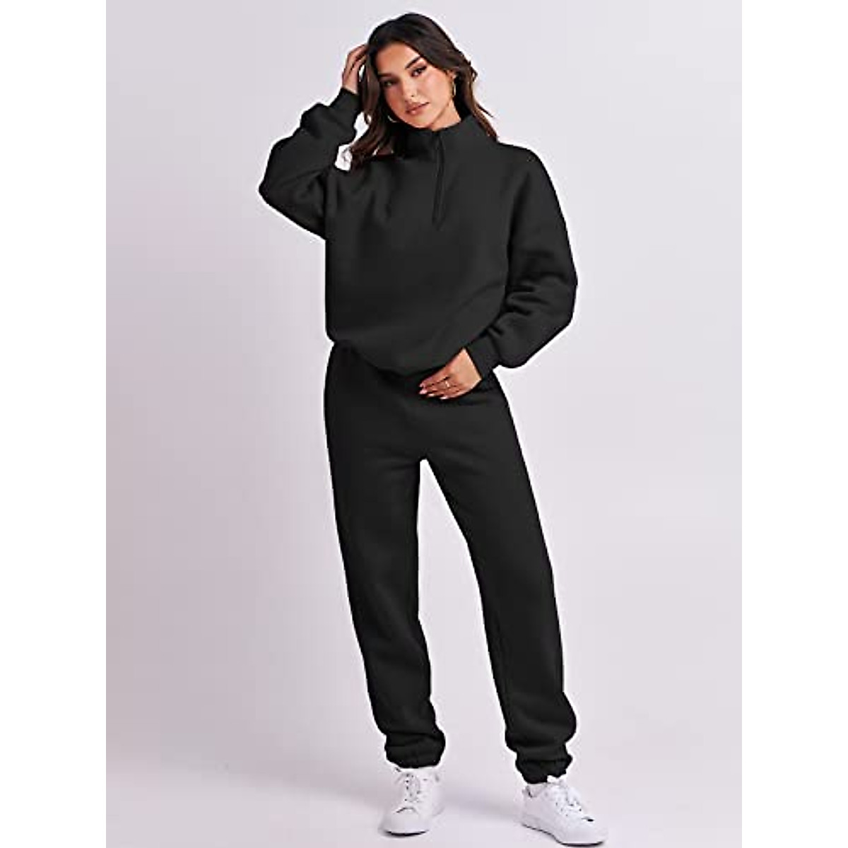 ANRABESS Women's Oversized Long Sleeve Lounge Sets Casual Top and Pants 2 Piece Outfits Sweatsuit with Pockets Black Ci776-hei-S