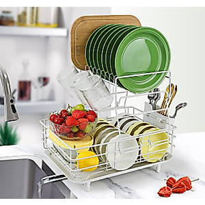 ideaglass Dish Drying Rack with Drainboard - 2 Tier Dish Racks for Kitchen Counter, Dish Drain Large, Stainless Steel Dish Strainer Set, White