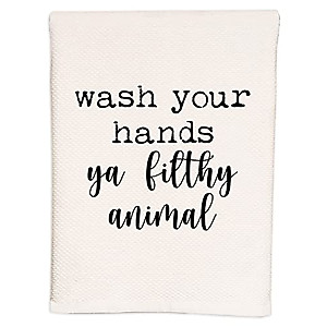 Moonlight Makers Soft Cotton Waffle Design Hand Towel, Bathroom/Kitchen Farmhouse Decor, Cute Gift, BOHO, Stocking Stuffer (Wash Ya Hands Ya Filthy Animal)