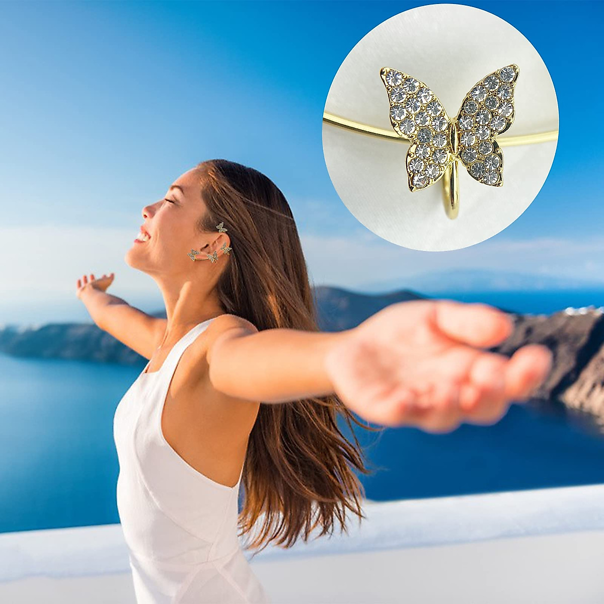 Taichell Shining Butterfly Ear Cuffs Zircon Butterfly Earrings for Women, Silver, Non-Piercing, Adjustable