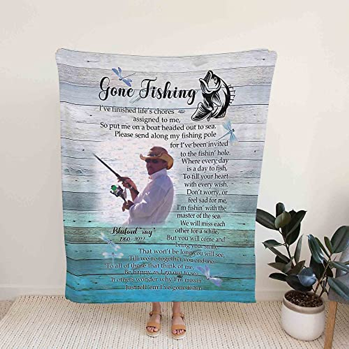 Personalized Memorial Blanket for Loss of Mother Father Gone Fishing in Loving Memory Blankets Custom Name Photo Memorial Gifts Ideas in Loving Memory Gifts Fleece Sherpa Blanket