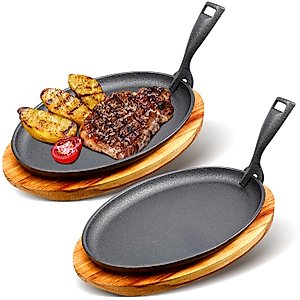 FoldTier 2 Sets Cast Iron Skillet Set 10.63'' x 6.89'' Fajita Plate Sizzling Pan with Wooden Base Anti Scald Protection Removable Handle for Restaurant Kitchen Cooking Accessory BBQ Party