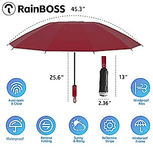 RainBOSS Automatic Travel Umbrella with 10 Ribs, Large Windproof Umbrellas for Rain & Sun, Compact Folding Inverted Umbrella with Reflective Stripe, Wine red