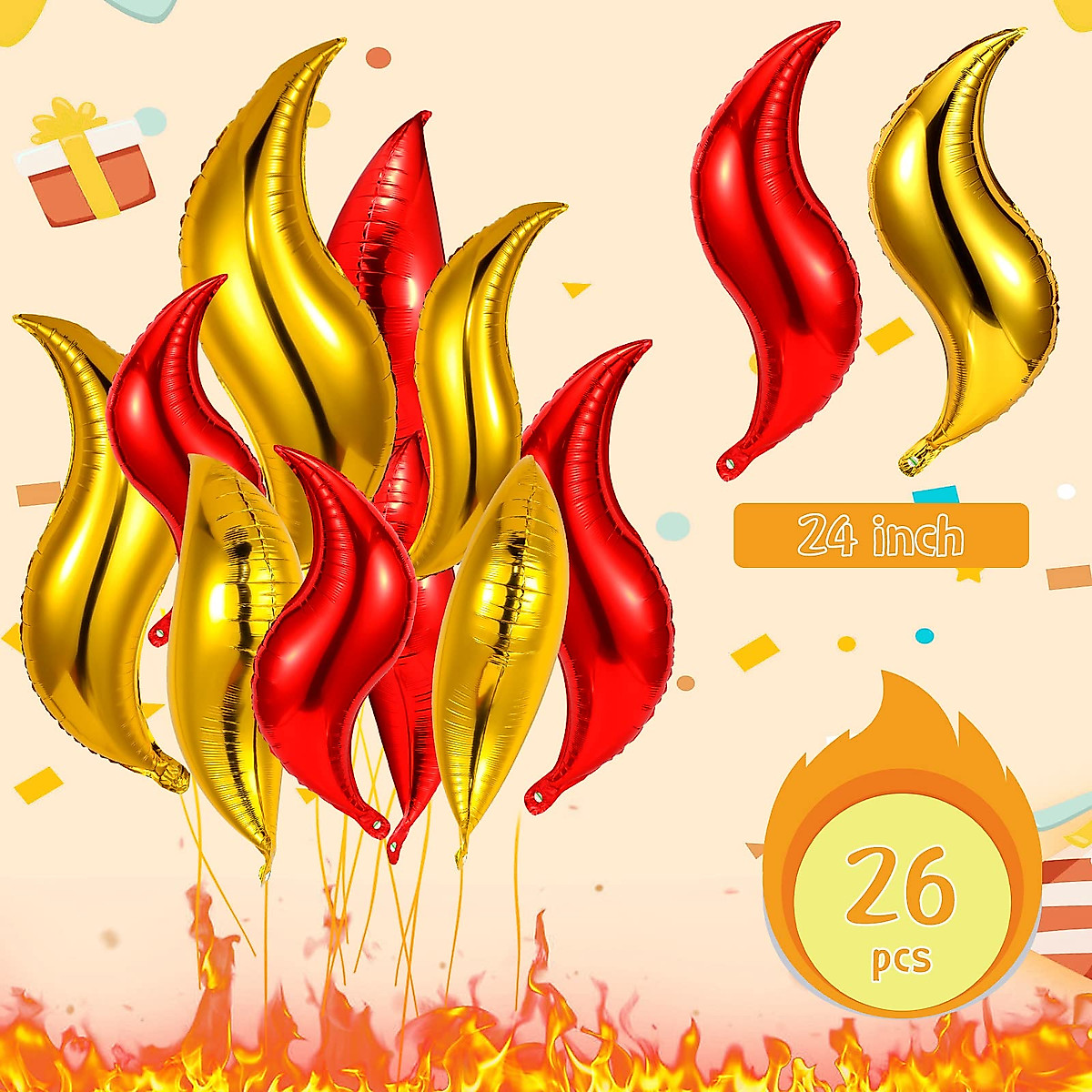 Shappy 26 Pcs Fire Balloons Firefighter Birthday Party Decorations 24 Inch Flame Balloons Fake Campfire Red and Gold Balloon for Fire Truck Fireman Party Supplies Summer Camping