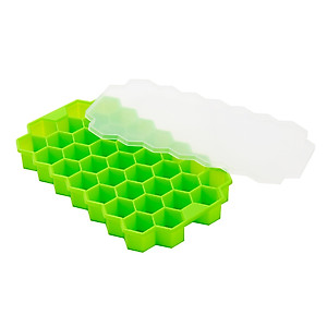 Mind Reader Mini Ice Cube Trays, Honeycomb Mold, Cover, Reusable, Stackable, Freezer, Silicone, 8"Lx5"Wx1"H, Set of 4, Green
