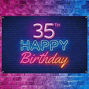 Glow Neon Happy 35th Birthday Backdrop Banner Decor Black – Colorful Glowing 35 Years Old Birthday Party Theme Decorations for Men Women Supplies