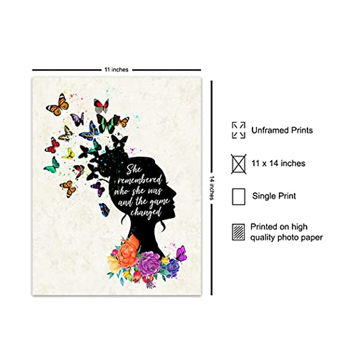 She Remembered Who She Was and The Game Changed Wall Art Poster 11x14 - Uplifting Inspirational Positive Quotes - Motivational Encouragement Gifts for Women, Girls Room, Bedroom - Butterfly Wall Decor