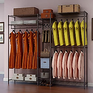 XIOFIO Heavy Duty Wire Garment Rack, Metal Clothing Rack with 4 Hanging Rods and 9 Shelves, Freestanding Open Wardrobe Organizer for Hanging Clothes , 68.5"L x 16.5"W x 76.7"H Max Load 800LBS, Black