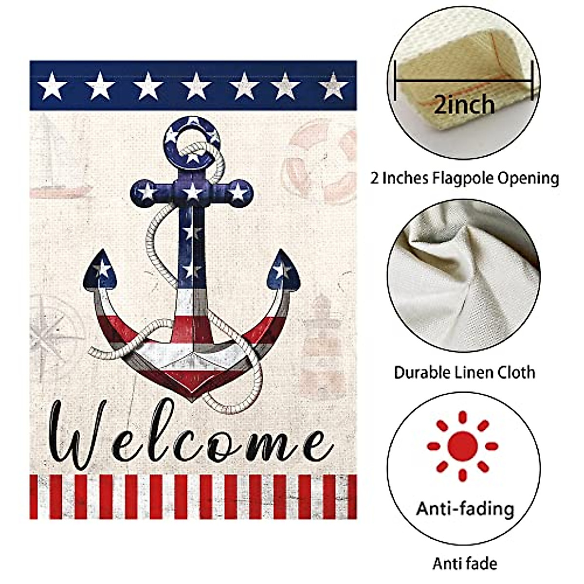 WODISON Patriotic 4th of July Memorial Day Garden Flag, American Anchor Vertical Double Sided Burlap Welcome Flag, Outdoor Decoration For Yard Home 12 x 18 Inch (ONLY FLAG)