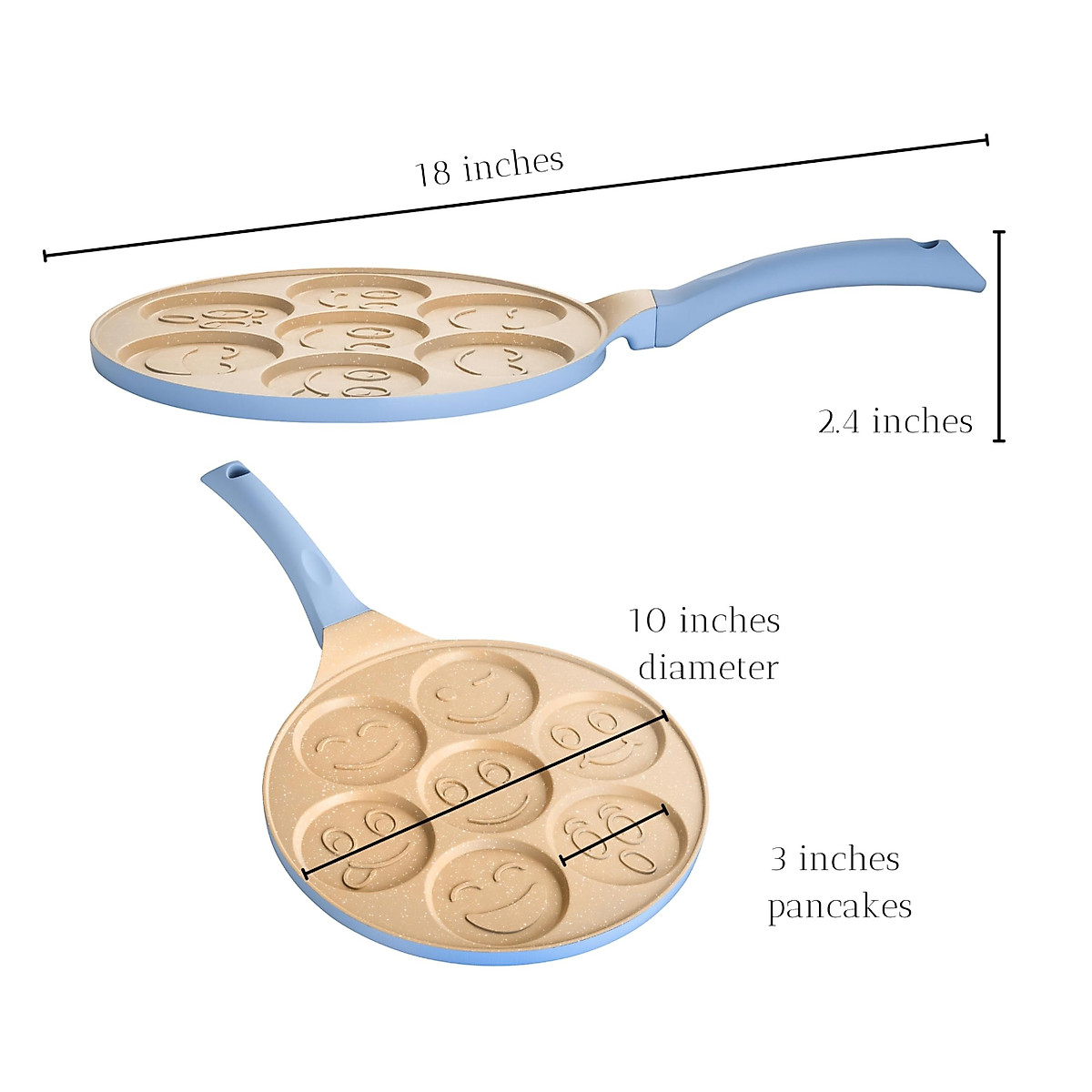 Erreke Nonstick Pancake Pan, 7 Smiley Face Pancake Griddle, Soft Touch Handle Fun Breakfast for Kids, 10.2 in Crepe Pan for Gas Stoves (Blue Color)