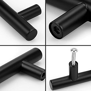 Probrico (10 Pack Flat Black Cabinet Handles, 3-3/4 Inch Hole Centers Modern Cabinet Hardware Cupboard Pull Kitchen Cabinet T Bar Handle Dresser Pulls, 6 Inch Total Length