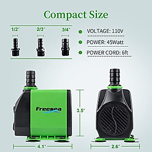 FREESEA Fountain Submersible Water Pump: 800GPH 45W Adjustable Ultra Quiet Aquarium Pump with 3 Nozzles 10ft High Lift for Small Pond | Fish tank | Waterfall | Outdoor | Hydroponics