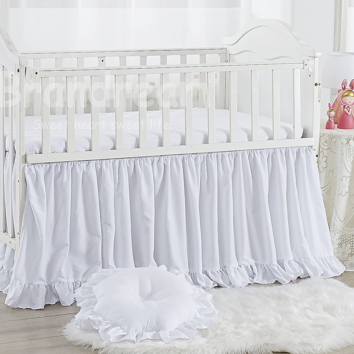 Brandream White Nursery Bedding Farmhouse Girls Crib Bedding Princess Baby Blanket Set 3 Piece, White Fitted Sheet, Ruffle Crib Skirt