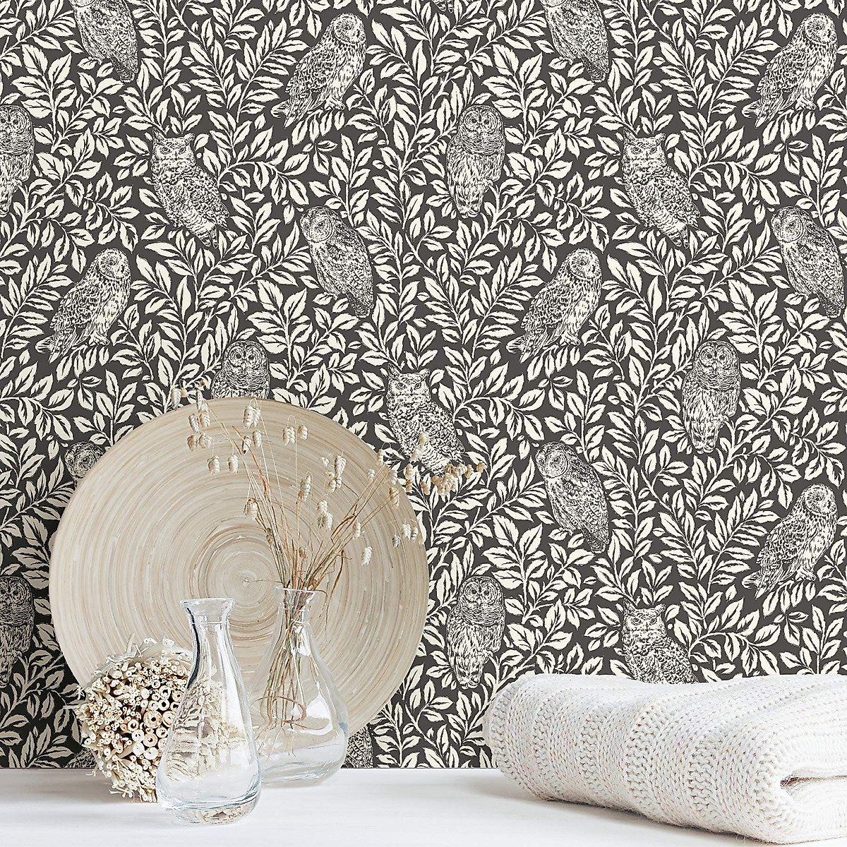 NuWallpaper NUS3625 Sleepy Owls Peel & Stick Wallpaper, Charcoal