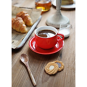 Sweese 8 Ounce Porcelain Stackable Cappuccino Cups with Saucers and Metal Stand - for Specialty Coffee Drinks, Cappuccino, Latte, Americano and Tea - Set of 4, Red