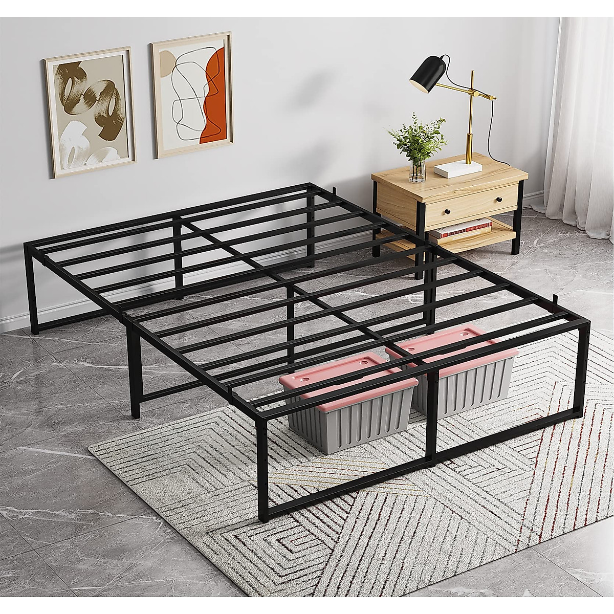 Alkmaar Queen Size Metal Bed Frame, 14 Inch Queen Bed Platform with 3 in 1 Steel Support, Heavy Duty No Box Spring Needed Mattress Foundation Easy Assemble Bedframe, Black