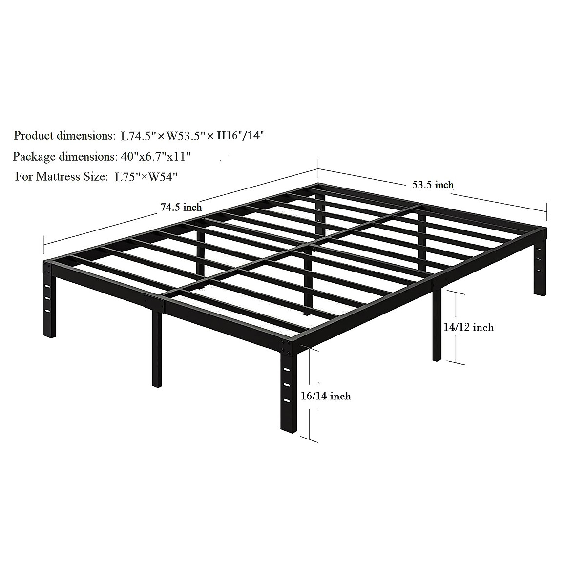 COMASACH 14 inch Full Bed Frame No Box Spring Needed, 3500 lbs Heavy Duty Metal Platform Bed Frames, Non-Slip and Noise-Free Mattress Foundation, Black
